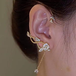 2PCS Women's Clip-On Earrings Hook Without Pierced Ear Bone Clip Swan Wings Ear Clips (Camellia Ear Clips)