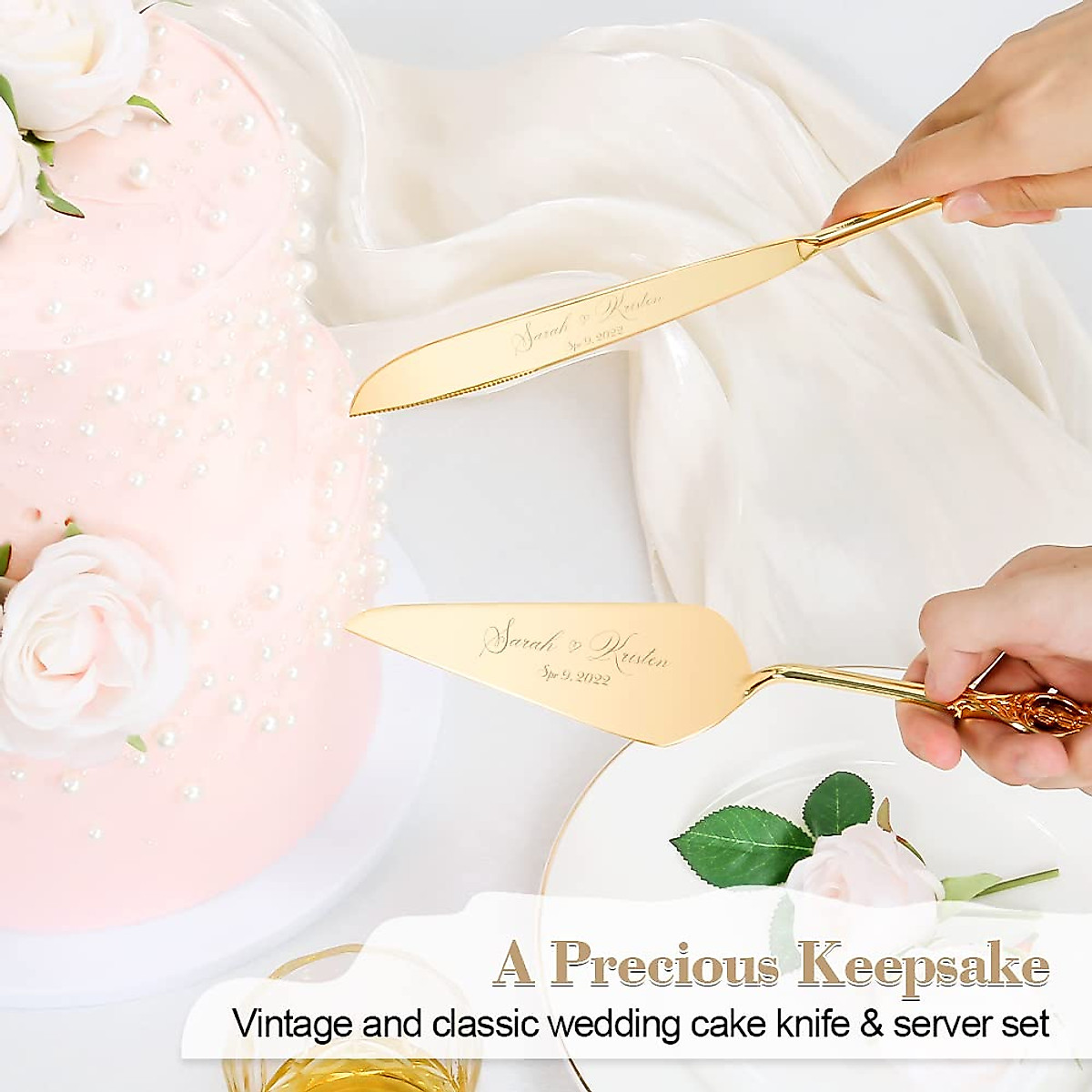 TUKDAK Wedding Cake Knife and Server Set, Personalized Gold Cake Cutting Set for Wedding, Engraved Classic Cake Knives Cutter Set, Pie Pastry Server, Birthday Bridal Quinceañera Gift (CUS-Crown)