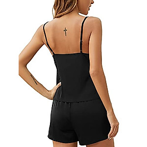 LYANER Women's Sexy Satin Pajamas Set Silk Cami Top with Shorts Loungewear Pjs Sleepwear Set Black Small