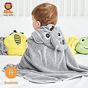 Sunny zzzZZ Baby Hooded Bath Towel and Washcloth Sets, Baby Essentials for Newborn Boy Girl, Baby Shower Towel Gifts for Infant and Toddler - 2 Towel and 8 Washcloths - Yellow Bee and Grey Elephant