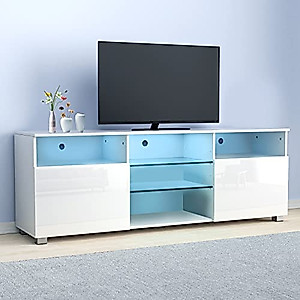 SUSSURRO LED TV Stand for 60/65 inch TV, Television Table Center Media Console with Drawer and Led Lights, High Glossy Modern Entertainment Center for Living Game Room Bedroom, White