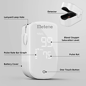 Metene Pulse Oximeter Fingertip, Blood Oxygen Saturation Monitor with Accurate Fast Spo2 Reading Oxygen Meter, Oxygen Monitor with Lanyard and Batteries (White)