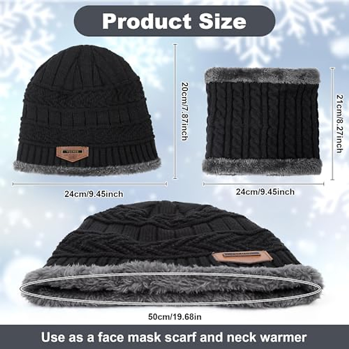 3 Pcs Boys Girls Winter Beanie Hat Scarf Gloves Set Thick Knitted Warm Toddler Winter Hat Mittens Neck Warmer for Kids Black