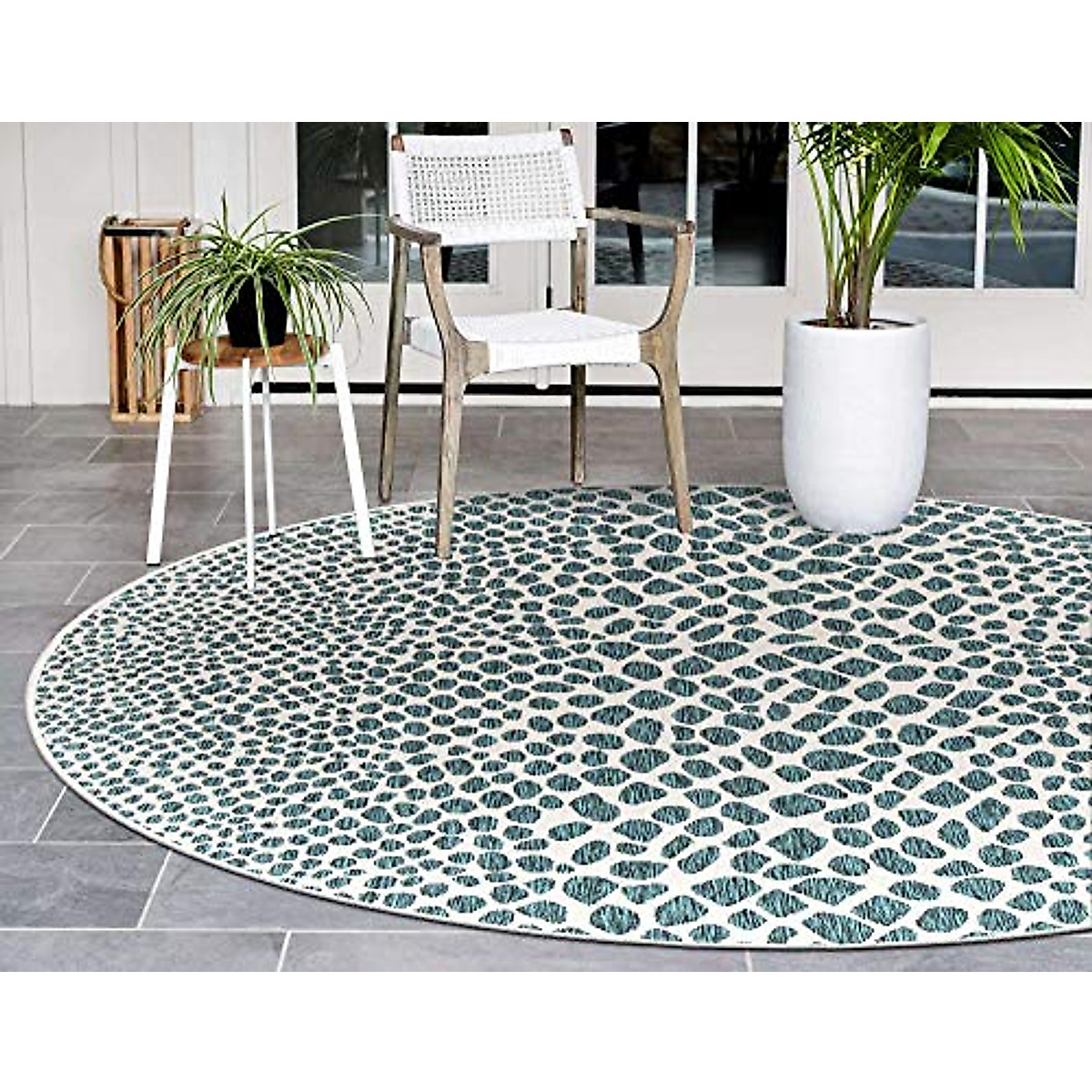 Unique Loom Jill Zarin Outdoor Collection Animal Print Area Rug (4' 0 x 4' 0 Round, Teal)