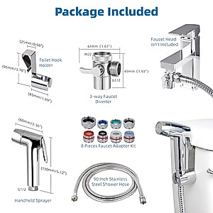 Sink Faucet Hose Sprayer Attachment, Handheld Bidet Toilet Sprayer, 8 Adapters, Dual Function Faucet Sprayer Rinser, Bathroom Shower Head, Baby Cloth Diaper for Feminine Hygiene, Bathing Pets, Chrome