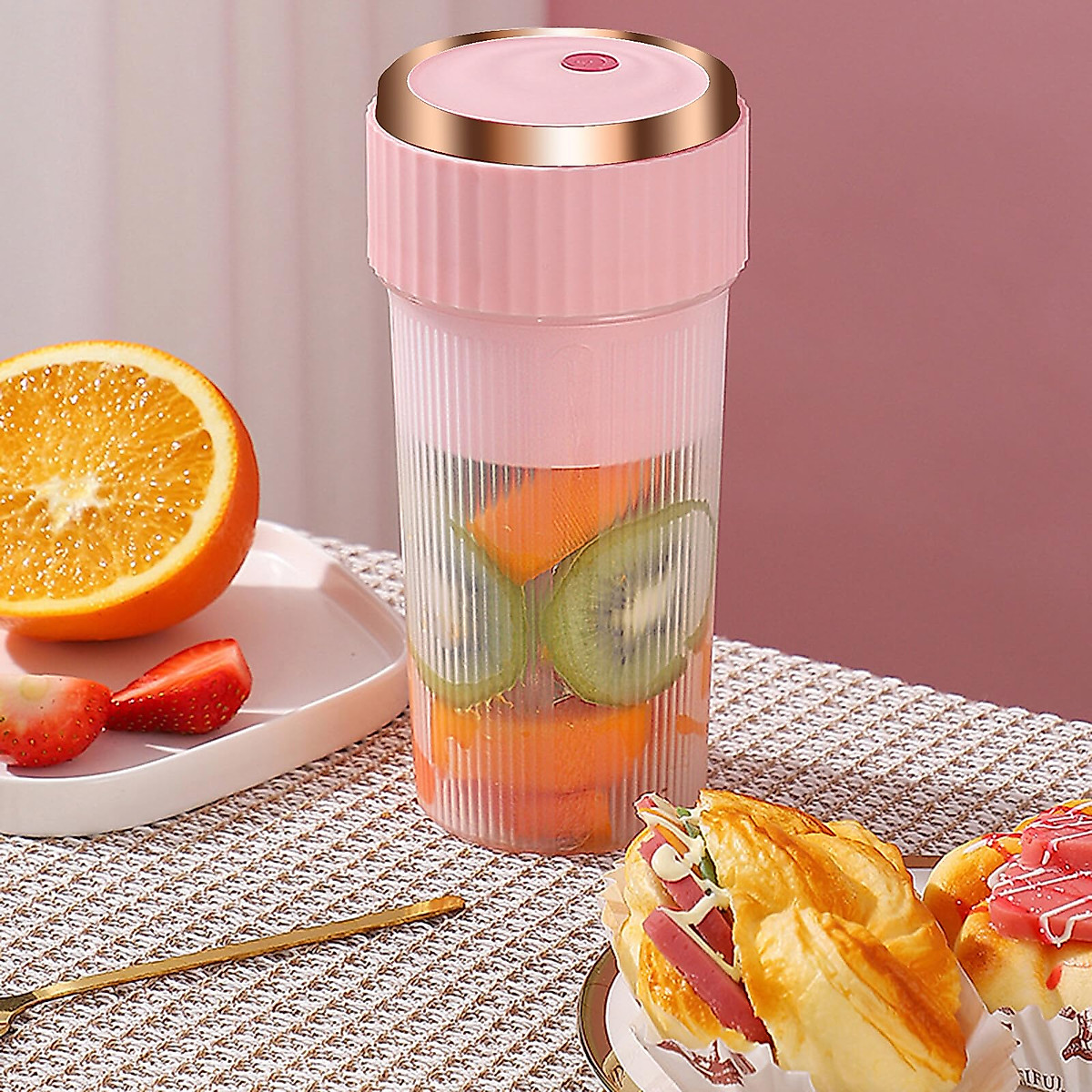 SH-RuiDu Portable Blender, 450ml Personal Size USB Rechargeable Mini Blender Fruit Juicer with 6 Strong Cutting Power Blades for Shakes and Smoothies, Portable Juicer for Home Office Travel Sports