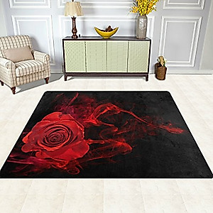 Rose in Smoke Swirl On Black Printed Large Area Rugs,Lightweight Water-Repellent Floor Carpet for Living Room Bedroom Home Deck Patio,6'8" x 4'10"