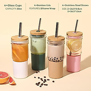 4 Pack Glass Cups with Lids and Straws, 22oz Mason Jar Glass Tumbler, Smoothie Cup with Silicone Sleeve, Reusable Boba Cup, Modern Cute Iced Coffee Cup, Drinking Glasses for Tea, Juice, Soda, Cocktail