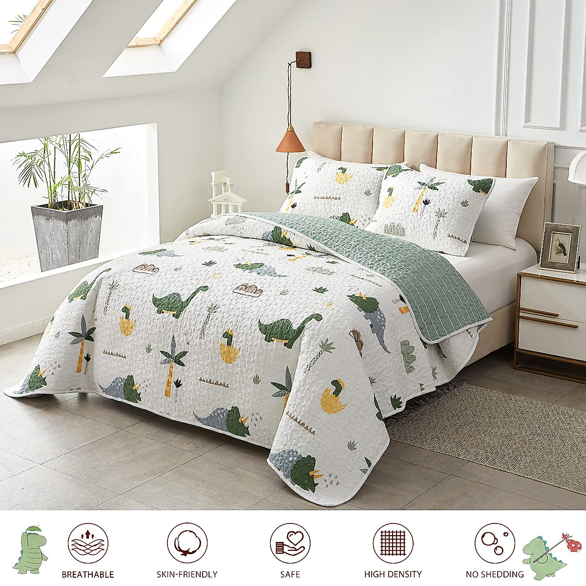 Joyreap 2-Piece Cotton Quilt Set Twin, Dinosaur Theme Green Color Design for Kids Boys n Girls, Smooth Soft Quilt Bedspread Bed Cover for All Season, 1 Quilt and 1 Pillow Sham- 68x86 inches