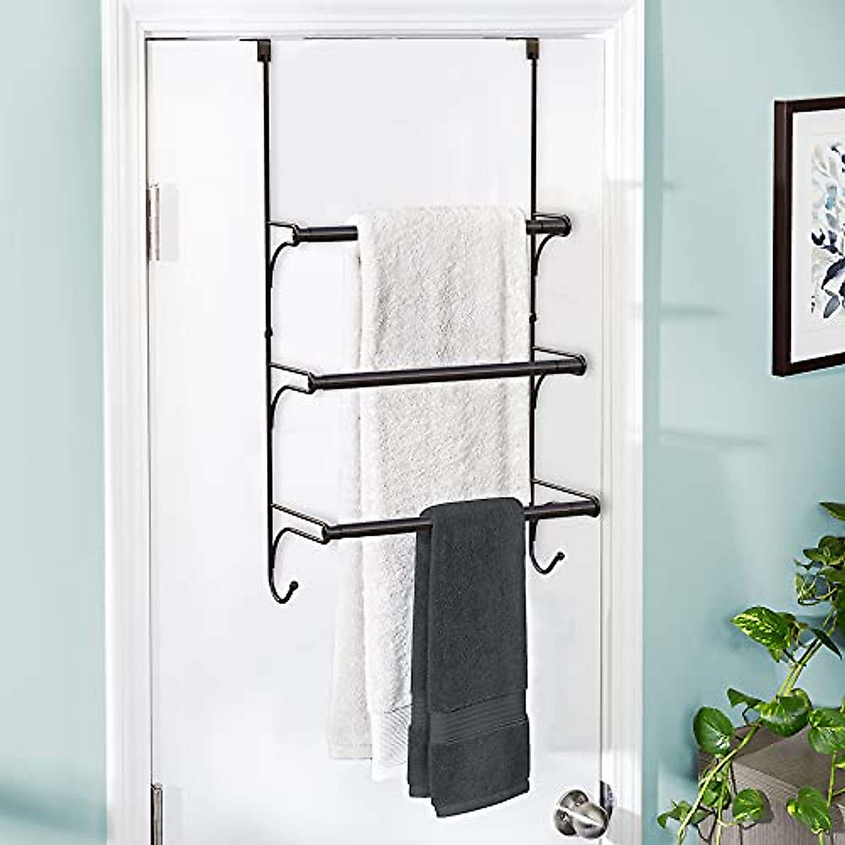 Skycarper Adjustable Over The Door Triple Towel Rack with Double Hooks,Bronze
