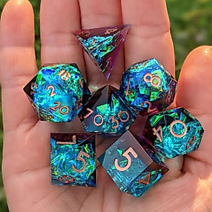 FOXBITE Sharp Dice 7 DND Dice Sets Polyhedral Teal Swirl Black with Sequins Inside with Gorgeous Box Case for DND Dungeons and Dragons (Teal Swirl Black with Sequins) (Fairies)