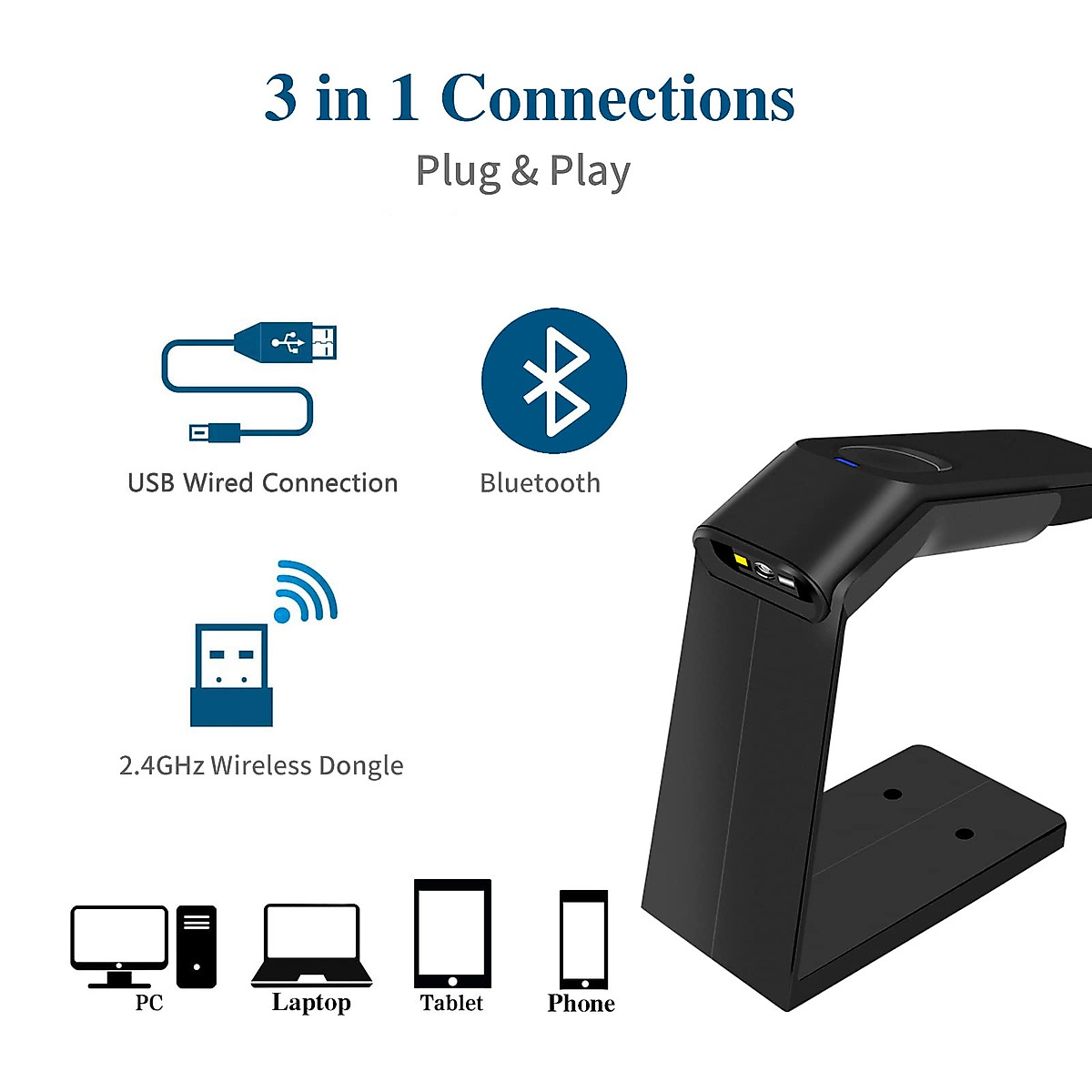 Wireless barcode scanner with stand, Compatible with Bluetooth,2.4GHz Wireless & Wired Connection all in one for Computer POS Warehouse Inventory Library