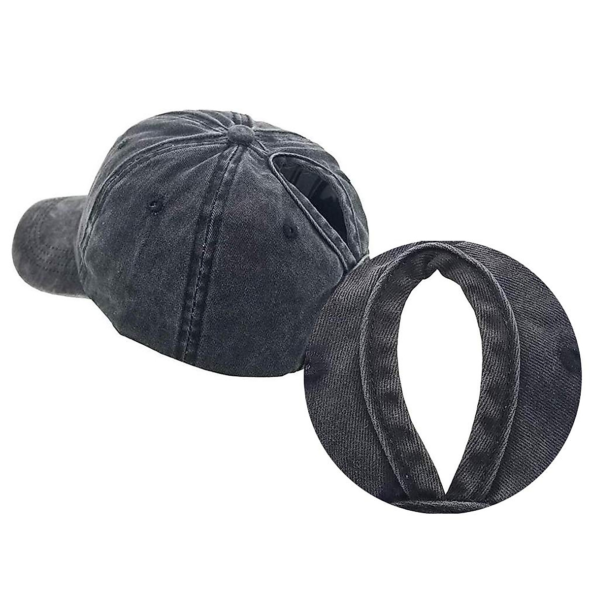 Eohak Ponytail Baseball Hat Distressed Retro Washed Womens Twill Black