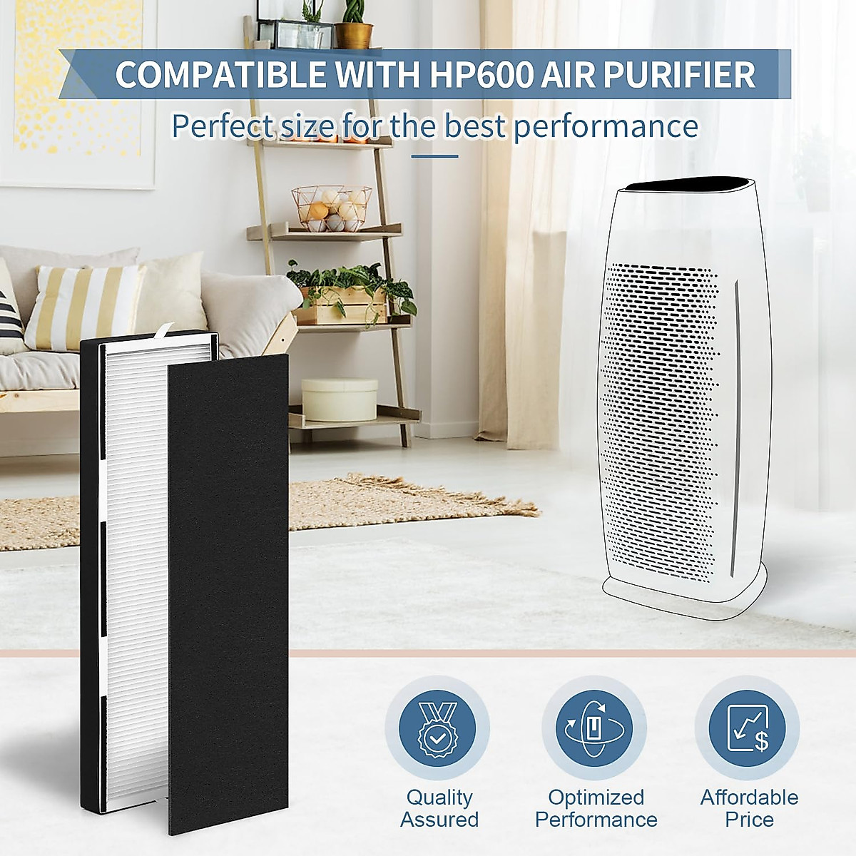 HP600 Filters Compatible with Hunter HP600 Tall Tower Air Puri-fier, 4-in-1 Hunter HEPA Filter Replacement HP600 Set with 1x H-HF600-VP H13 True HEPA Filter and 2x H-PF600 Coconut Carbon Pre-Filter
