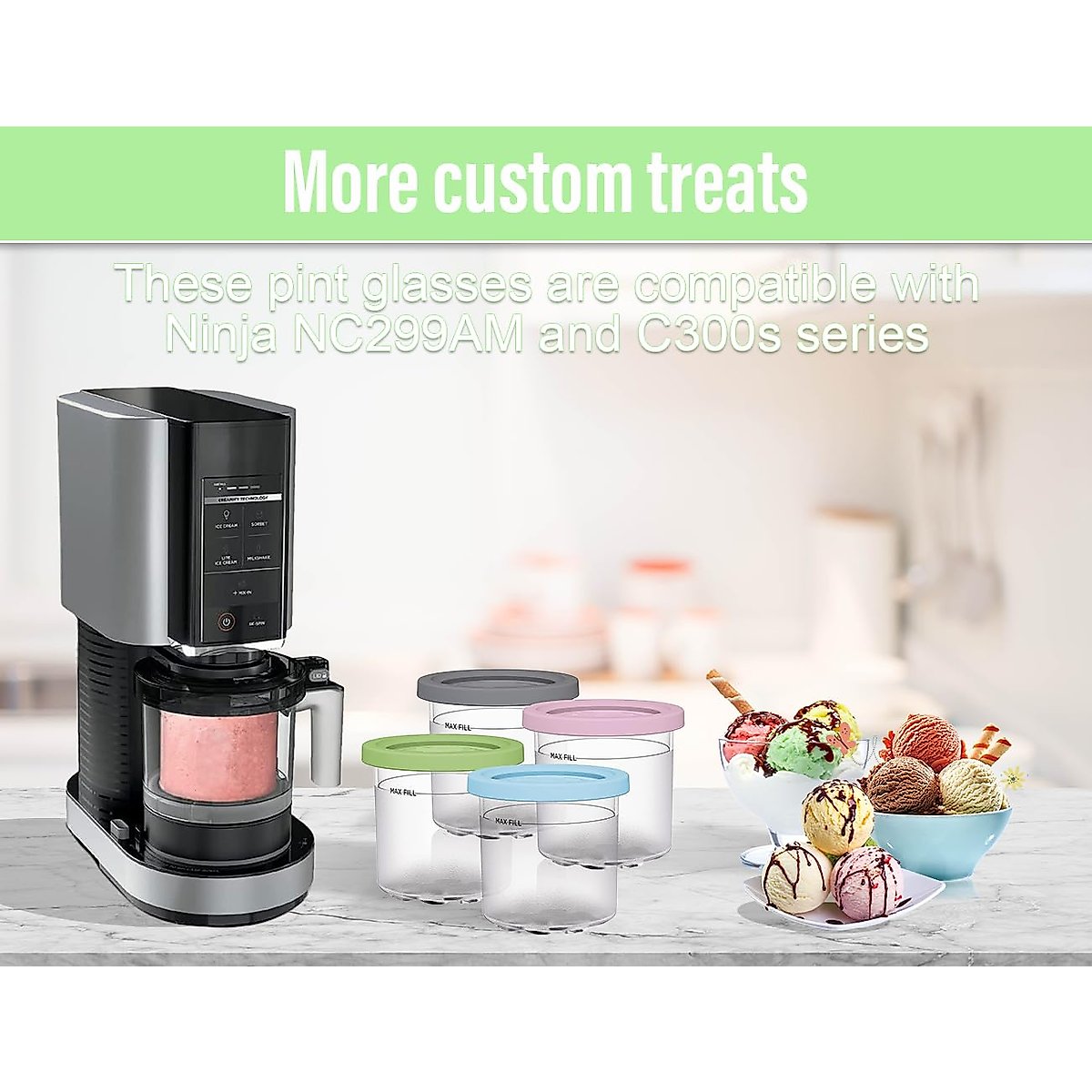Litex Ninja Creami Pints 4 Pack，Creami Pints and Lids for Ninja，Smoothie Pot Compatible with NC299AMZ & NC300s Series Creamer Ice Cream Maker Machine，Dishwasher Safe, W/ 4X Spoon, 1 Marker and Sticker