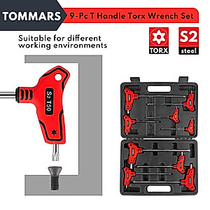 TOMMARS 9PC T Handle Torx Wrench Set, S2 Steel, T10 - T50 Tamper Proof Star Key Set