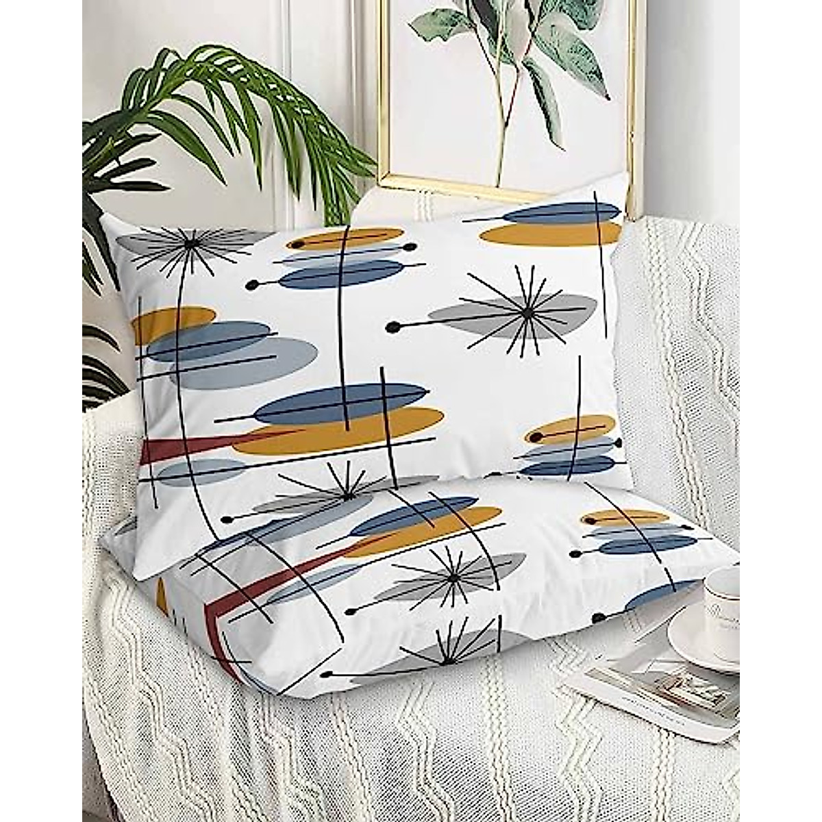 Navy Blue Orange Pillow Covers Standard Size Set of 2 20x26 Bed Pillow, Middle Century Geometric Abstract Art Aesthetics Plush Soft Comfort for Hair/ Skin Cooling Pillowcases with Envelop Closure