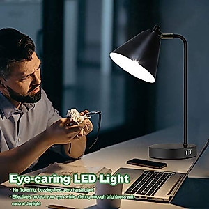 Industrial 3 Way Dimmable Touch Control Desk Lamp with 2 USB Ports & AC Outlet Bedside Nightstand Reading Lamp Flexible Head Farmhouse Black Table Lamp for Office Bedroom Living Room Bulb Included