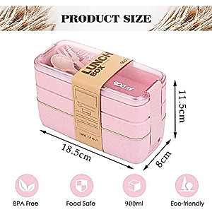 Bento Box Lunch Box for Adults Kids, AsFrost 3-In-1 Compartment Containers - Wheat Straw, Leakproof Eco-Friendly Bento Lunch Box Meal Prep Containers Microwave Safe (Pink)
