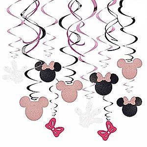 Minnie Happy Birthday Hanging Swirl Decorations, Ceiling Streamers Mini Mouse Birthday Party Supplies, Dumbo Decorations Party Favors for Kids Girls Glitter Rose Gold, Black and White Decor