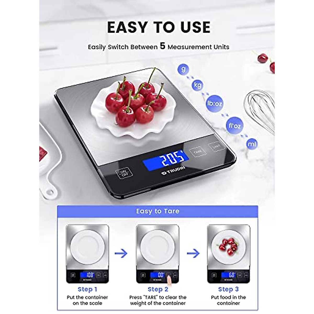 【NASA-Grade】33lb Food Kitchen Digital Scale,【Bread Meat Cookies Measures Precisely】Weight Grams and Ounces for Baking Cooking,1g/0.1oz Precise Graduation,304 Stainless Steel,Waterproof Tempered Glass