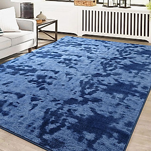 Lascpt Soft Area Rug for Living Room, 7x10 Ft Tie-Dyed Navy Blue Rug Thicken Memory Foam Large Rug for Bedroom, Abstract Throw Rug for Girls Boys Women Kids, Carpet for Bedroom Nursery Room Decor