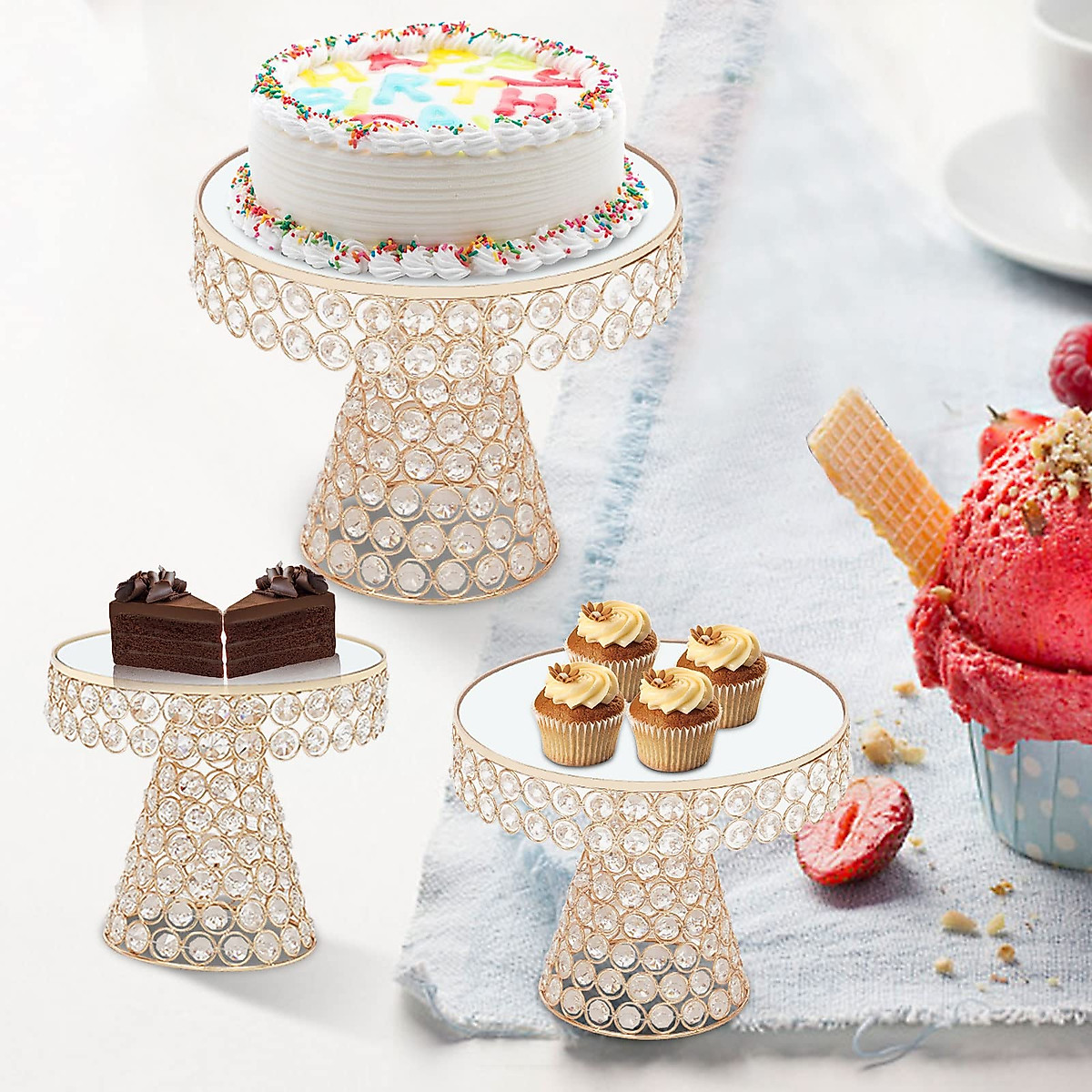 Crystal Cake Stand, Iron Cake Holder with Mirror Dessert Display Plate Serving Tray Cheese Pastry Candy Fruite Display Plate Tray Serving Platter for Birthday Wedding Party Decoration