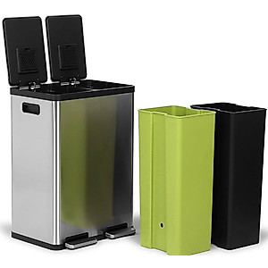 SIMPLI-MAGIC 60 Liter / 16 Gallon Rectangular Hands-Free Dual Compartment Recycling Kitchen Step Trash Can with Soft-Close Lid, Brushed Stainless Steel (30L x 30L Capacity)