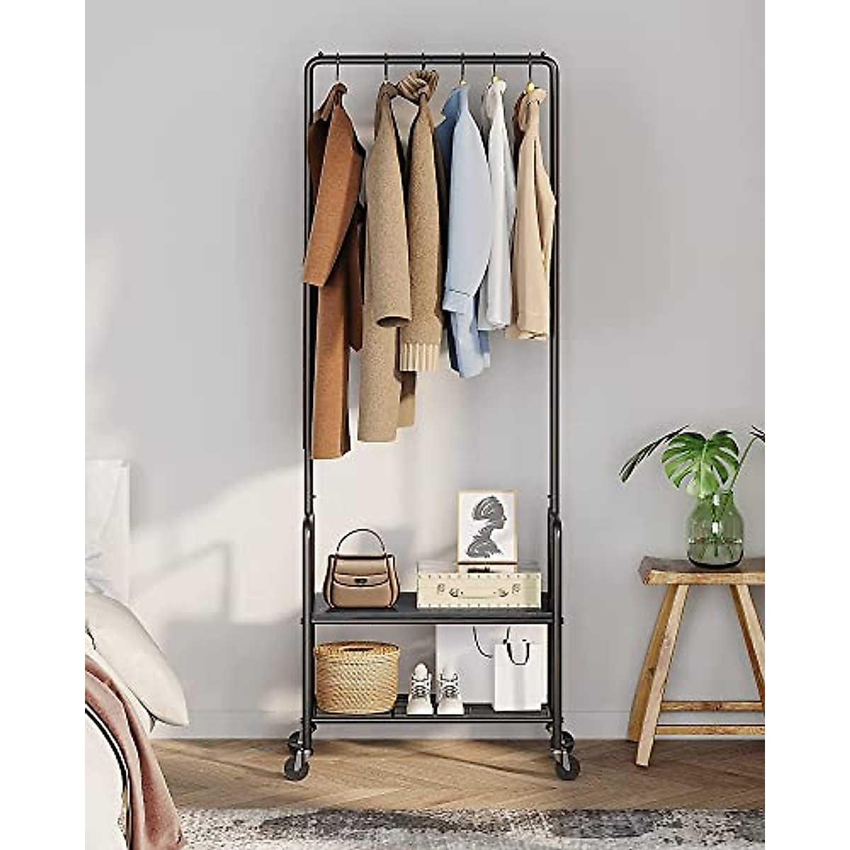 Labonida Rolling Clothing Rack - Space-Saving Clothes Rack on Wheels - Portable Hanging Storage Organizer with 2 Shelves - Sturdy Metal Garment Rack for Home & Business (Black, Industrial Style)