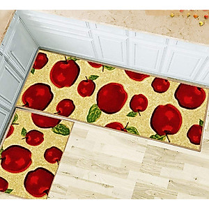Wolala Home 3 Piece Sets Rubber Backing Non-Slip Red Apple Kitchen Rug and Mats Washable Durably Bath Area Rugs Doormat Thin