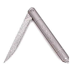 Samior GD035 Small Slim Folding Pocket Flipper Knife, 3.5 inches VG10 Damascus Tanto Blade, Slender Grey Titanium Handle Frame Lock Pocket Clip, Gentleman's EDC Knives