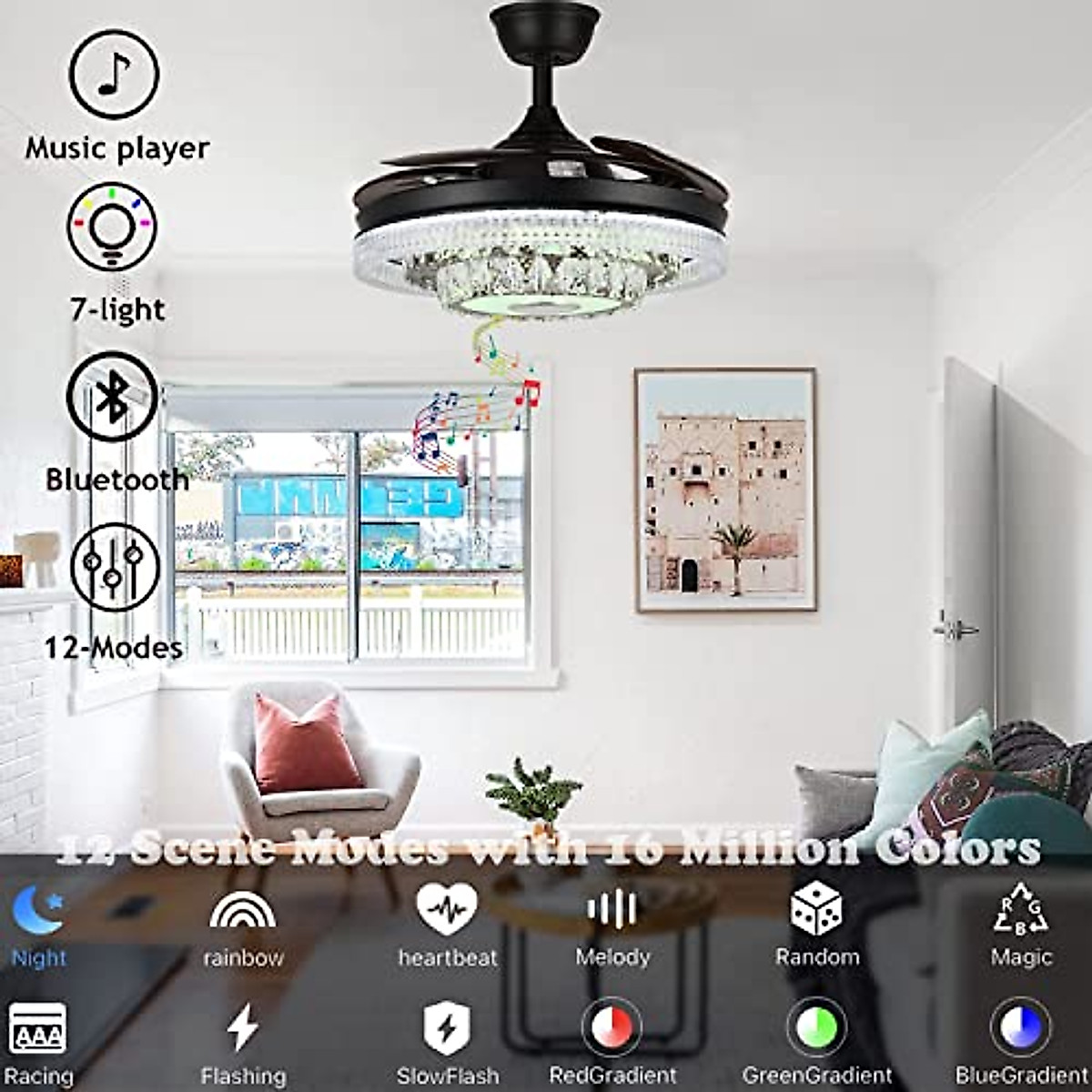 FINE MAKER 42" Bluetooth Fandelier Ceiling Fan with Light, Modern Black Reversible Chandelier Fan with RGB Light Colors Retractable Blades Light Fixture for Bedroom Living Room