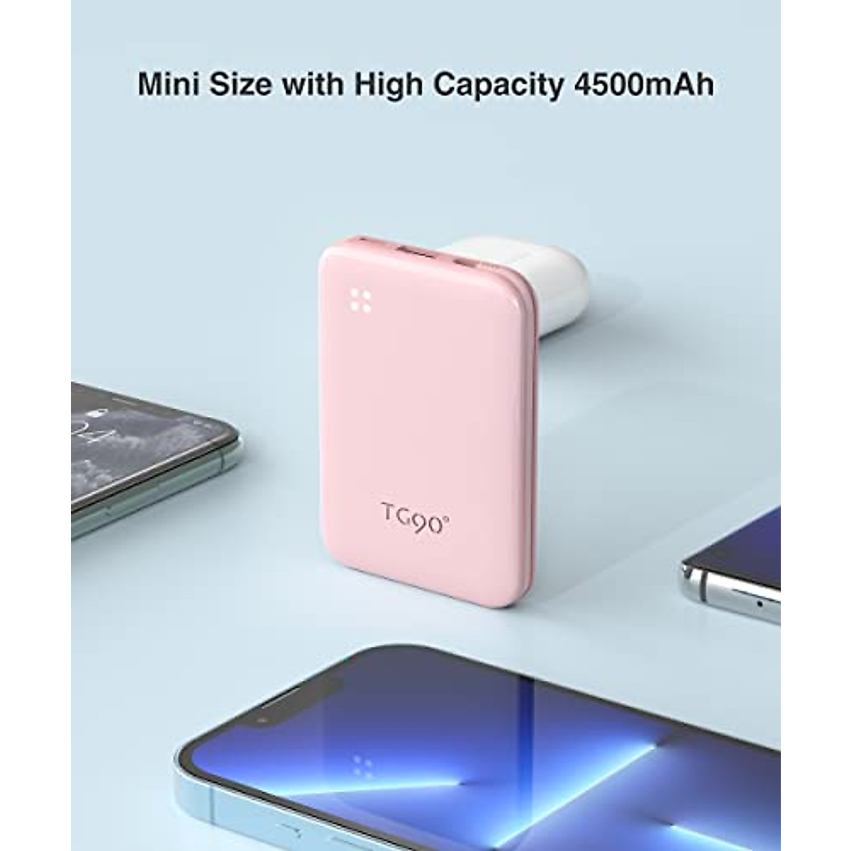 TG90 4500mah Small Portable Power Bank Built-in Cable, Ultra Slim Portable Cell Phone Battery Pack Charger Compatible with iPhone 14/14 Pro/13/13 Pro Max/12/12 Pro Max/11/11 Pro Max/X/XS/SE/8 and More