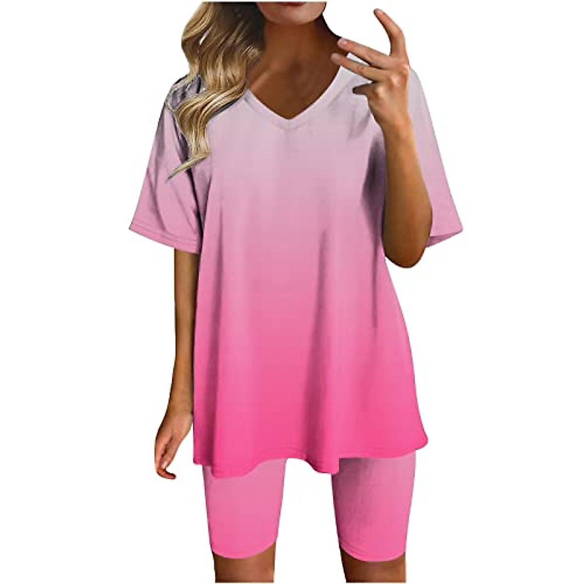 Sruiluo Women 2 Piece Ombre Biker Sets Fashion Casual Jogger Tracksuits Workout Sportswear Lounge Sets Yoga Pilates Running Pink