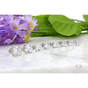 925 Sterling Silver Uninsex 3mm - 10mm Round Clear Cubic Zirconia CZ Rhodium Stud Earrings, Giorgio Bergamo (6,8,10mm)