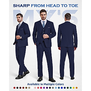 MY'S Men's 3 Piece Slim Fit Suit Set, One Button Solid Jacket Vest Pants with Tie Deep Blue X-Small