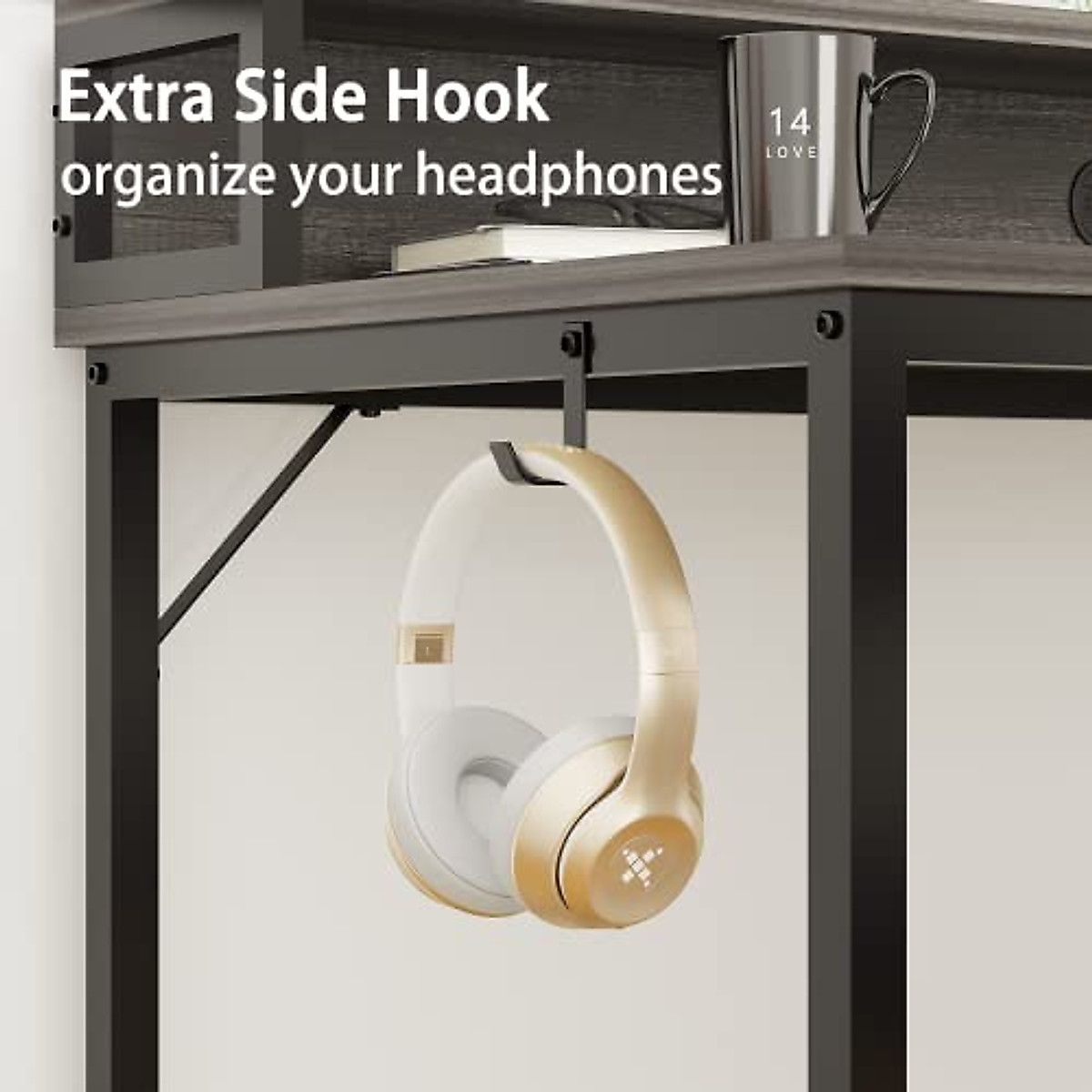 MUTUN 47" Computer Desk, Home Office Desks, Modern Writing Desk with Monitor Stand, PC Desk with Storage Bag and Hook, Grey Oak