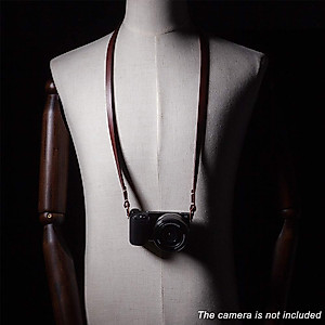 CANPIS Genuine Leather Camera Neck Shoulder Strap Compatible with Fujifilm Sony Olympus Panasonic Lecia Canon Nikon Mirrorless Compact Cameras (Brown, Retro Style, Slim Belt)