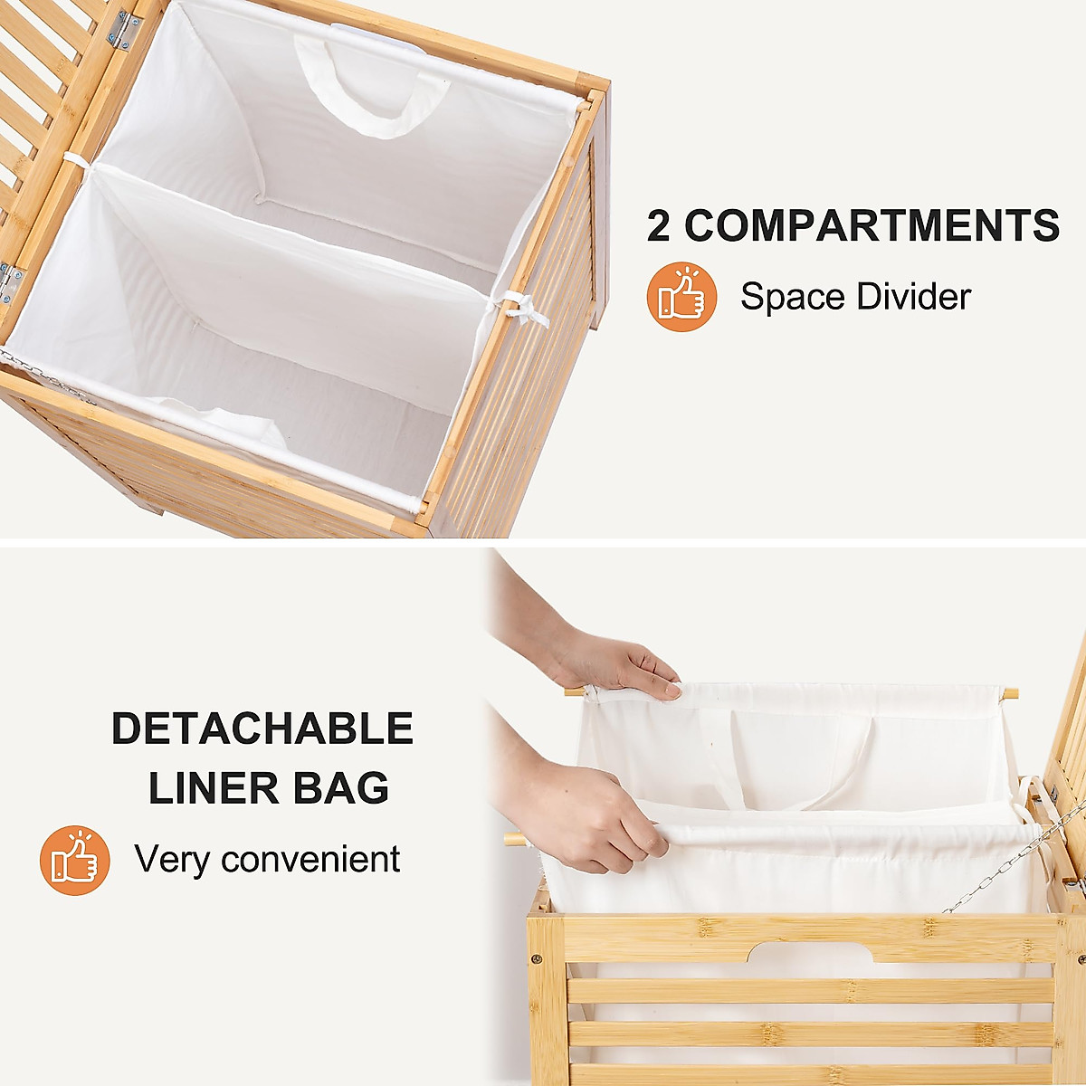 Laundry Hamper with Lid and Wheels, Bamboo Rolling Laundry Hamper with 2 Sections and Removable Liners Bags 120L, Versatile Storage Solutions for Blanket, Toys, Towels (Natural)