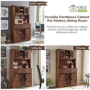 OKD Farmhouse Bar Cabinet with Sliding Barn Door, 72" Rustic Buffet with Hutch with Wine and Glasses Rack, 3 Drawers, Storage Shelves, Sideboard Cupboard for Kitchen, Dining Room, Reclaimed Barnwood