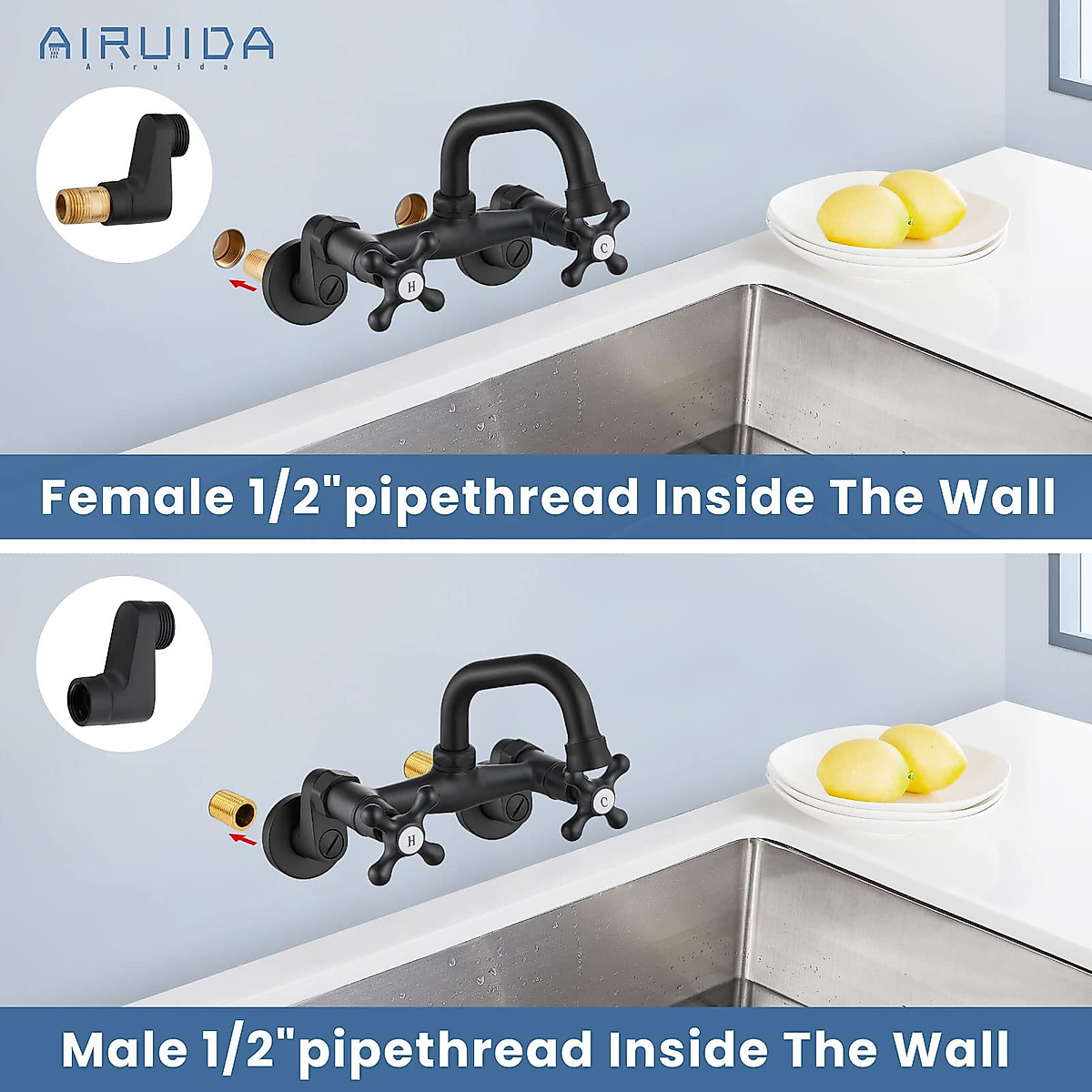 Airuida Matte Black Wall Mount Kitchen Faucet 4 Inch(10cm) Spout Reach Adjustable Center Double Cross Handles Mixer Tap 360 Rotatable Wall Mounted Faucet for Commercial Utility Laundry Restaurant