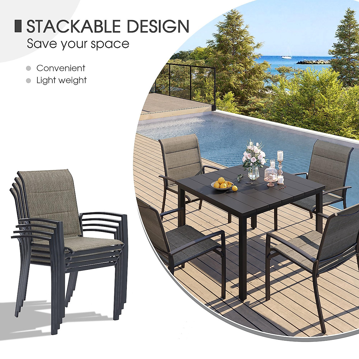 VICLLAX Stackable Patio Chairs Set of 2, All Weather Metal Outdoor Dining Chairs with Padded Foam for Lawn, Garden, Poolsides, Black Finish Frame