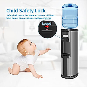 Water Cooler Dispenser, 5 Gallon Top Loading Water Cooler Water Dispenser, 2 Temps (Hot & Cold), Quiet, Black and Stainless Steel, ETL Listed, Child Safety Lock