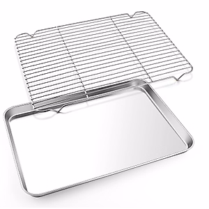 E-far Cookie Sheet with Rack Set, Half Sheet Baking Pan for Oven Cooking, 18”x13” Stainless Steel Rimmed Tray with Wire Cooling Rack for Roasting Broiling Bacon Meat Steak - Dishwasher Safe