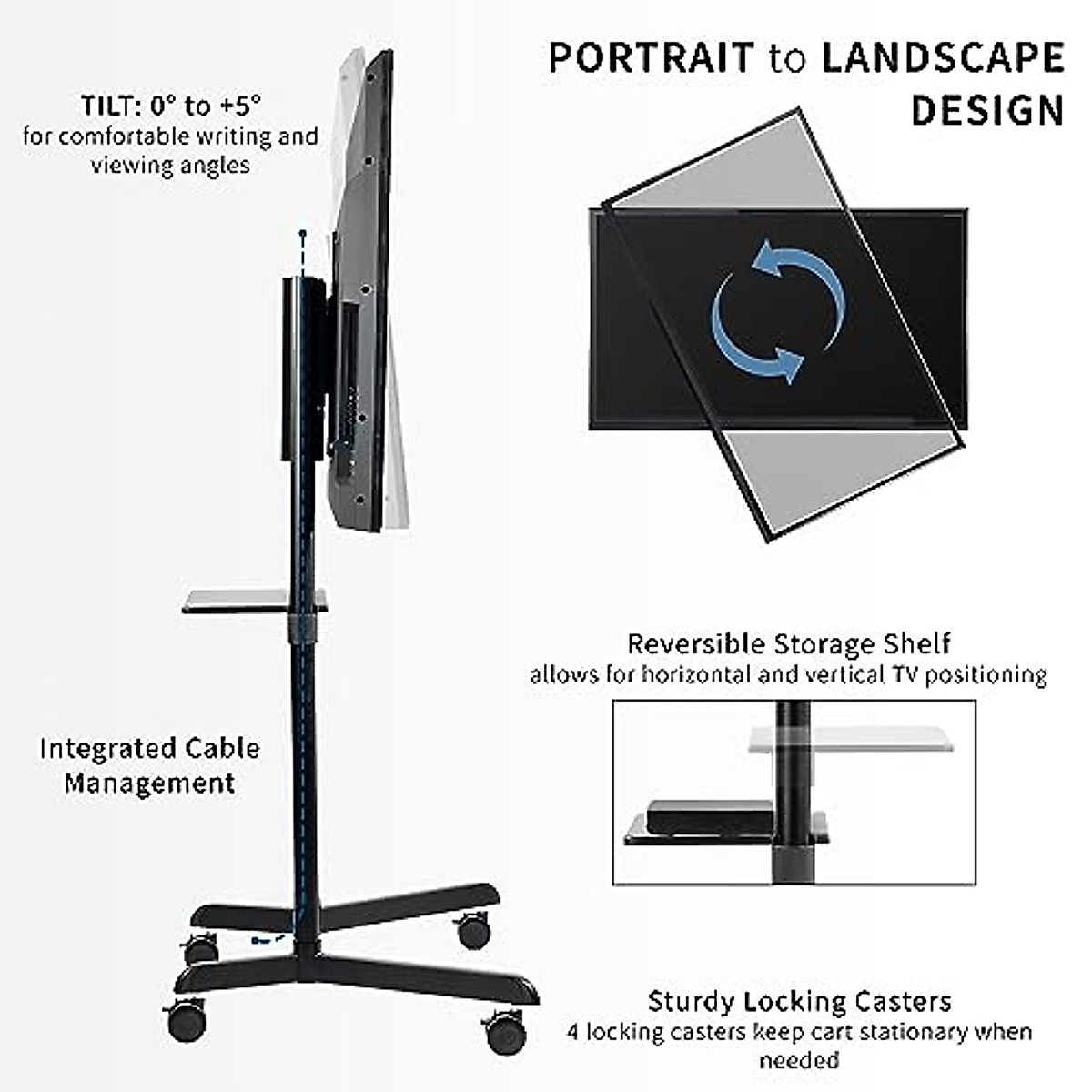 VIVO Mobile Premium TV Cart for 32 to 88 inch Screens up to 154 lbs, Samsung Digital Flipchart, Microsoft Surface Hub 2S, Portrait to Landscape, Shelf, Wheels, Max VESA 600x400, Black, STAND-TV02PB