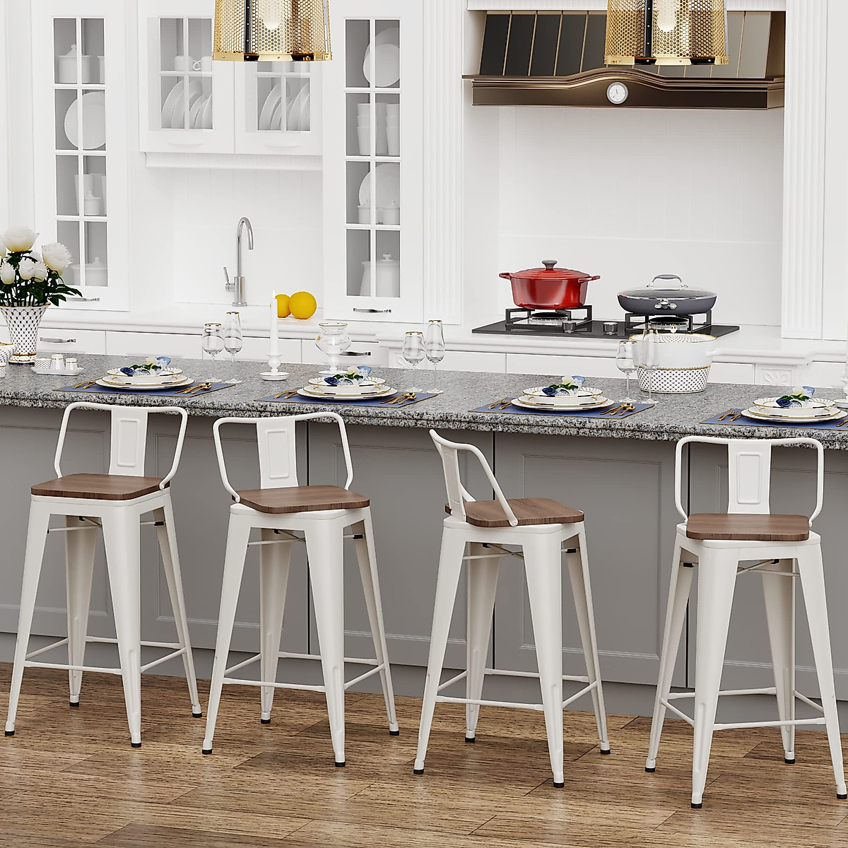 Changjie Furniture 24 Inch Swivel Bar Stools Set of 4 Counter Height Swivel Bar Stools with Backs Industrial Barstools for Kitchen (Swivel 24 inch, White Wooden)