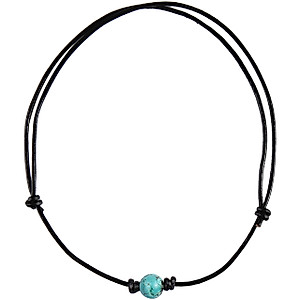 Barch Single Stone Turquoise Choker Necklace on Black Leather Cord for Women (Round Adjustable 1#)