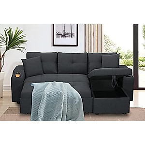 kupet Reversible Sectional Sofa with Pull-Out Bed and Storage Chaise, Convertible Velvet L Shaped Couches w/2 Cup-Holders and Two Side Pockets, for Living Room Apartment, Dark Gray