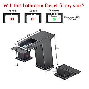 Tai Doo Bathroom Sink Faucet, 3-Piece Waterfall LED Light, 3 Hole, Black, Brass Stainless Steel, Widespread, for Bathroom & RV Sinks