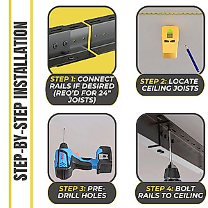Amerito Overhead Garage Storage Rack for Tote Bins - Organization System for 3 Containers - Adjustable Ceiling Mount Rails - Supports Heavy-Duty 17/27 Gallon Bins - Alloy Steel (3 Sets)
